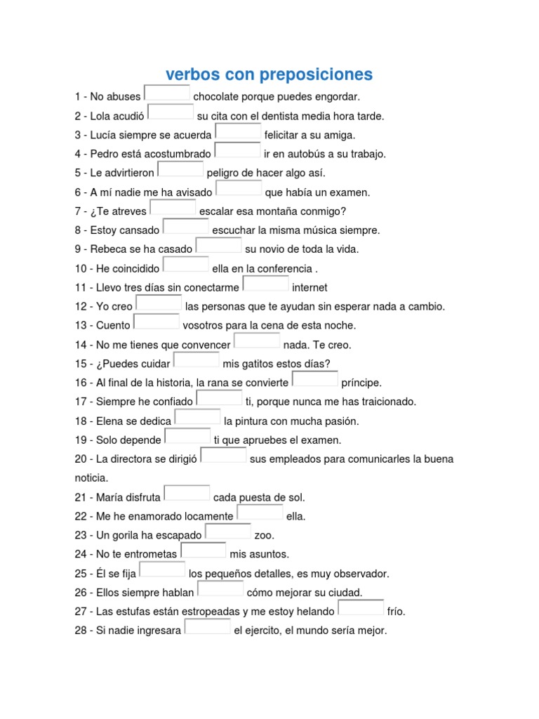 Verbos Con Preposiciones - LISTA Y EJERCICIO | PDF
