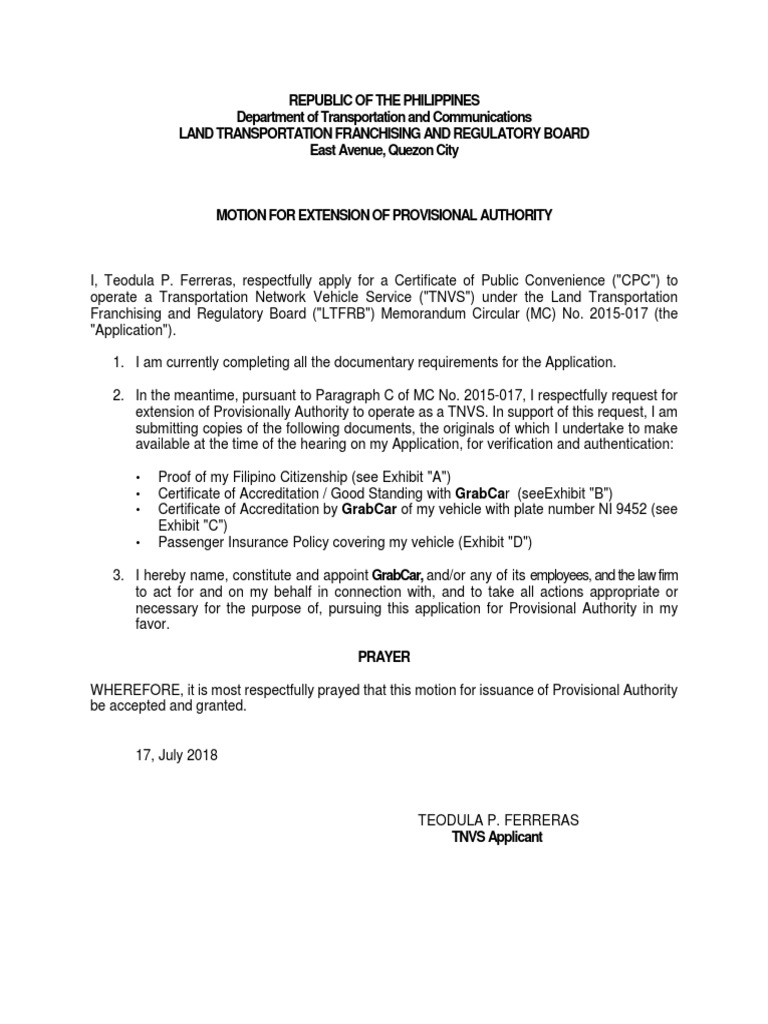 Motion For Extension of Provisional Authority | PDF