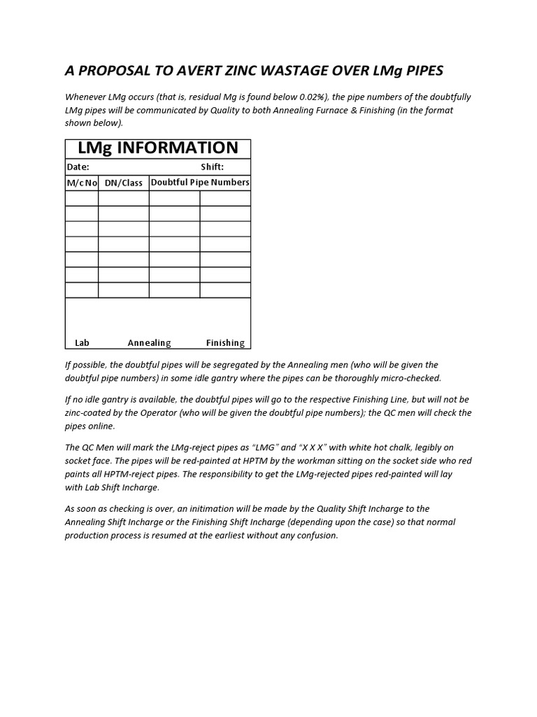 LMG Information: A Proposal To Avert Zinc Wastage Over LMG Pipes | PDF