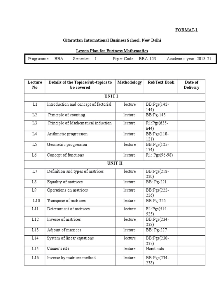 BBA - 103 - BM - Lesson Plan | PDF | Matrix (Mathematics) | Derivative
