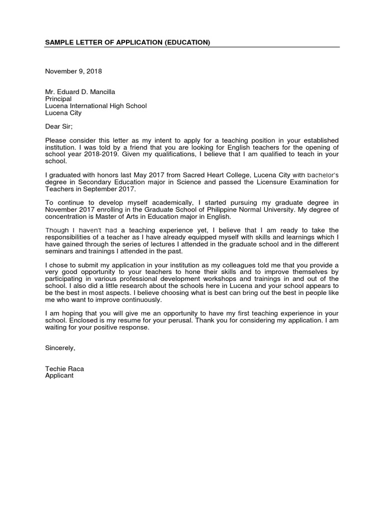 Sample Letter of Application | PDF