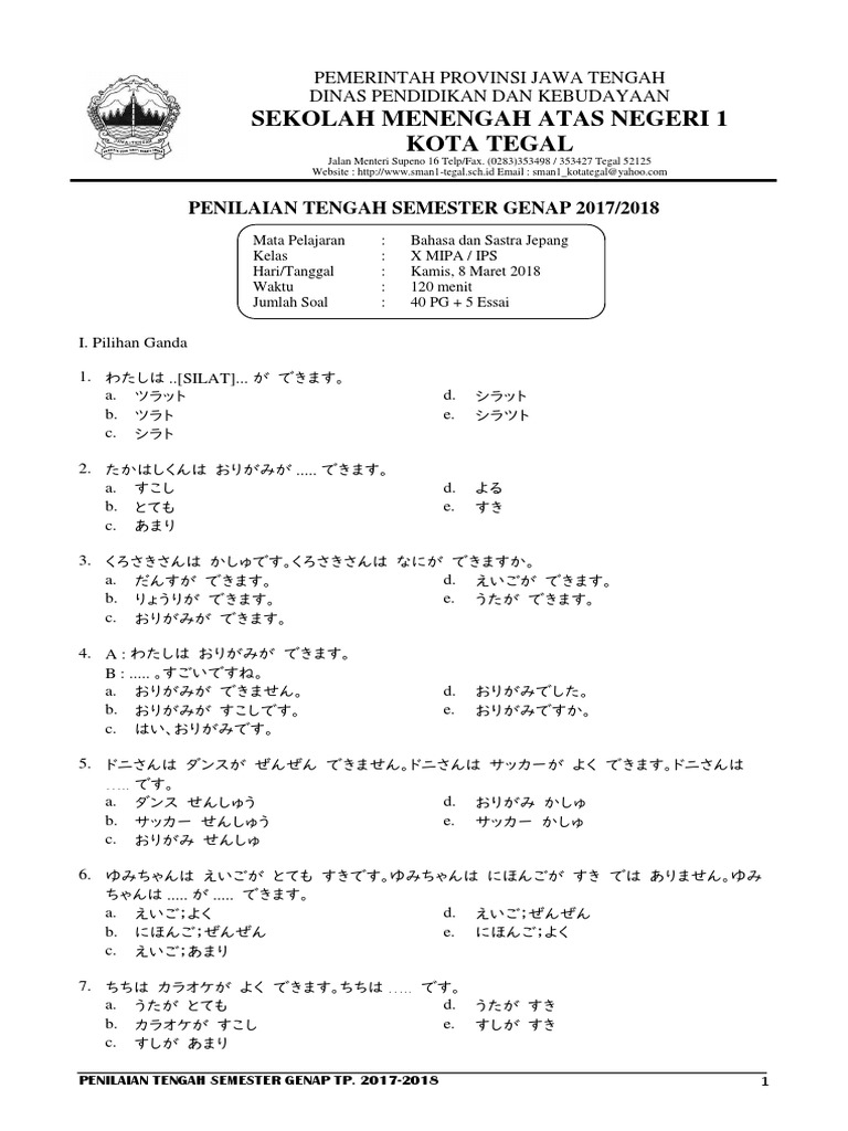 PTS Jepang X Genap 1718 PDF | PDF