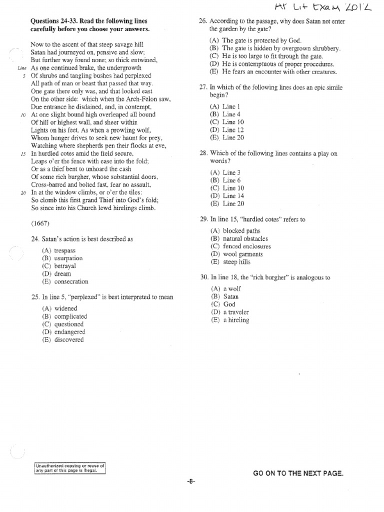 AP Lit - Poetry Multiple-Choice Practice and Key - Milton | PDF