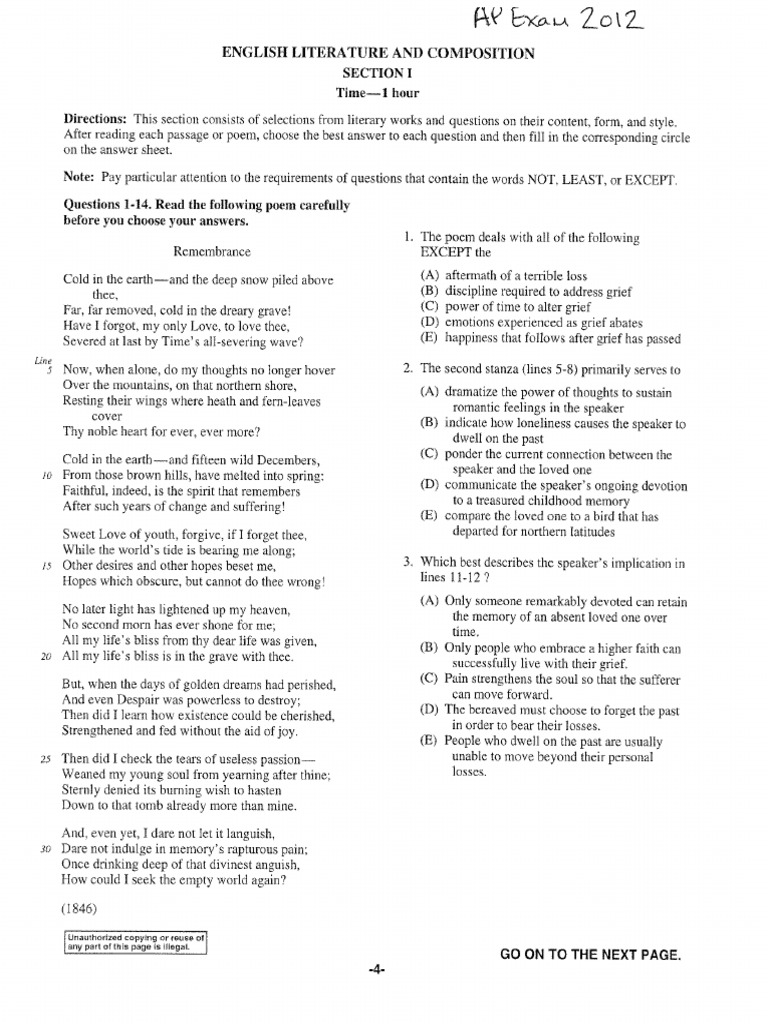 AP Lit - Poetry MC Remembrance and Key | PDF