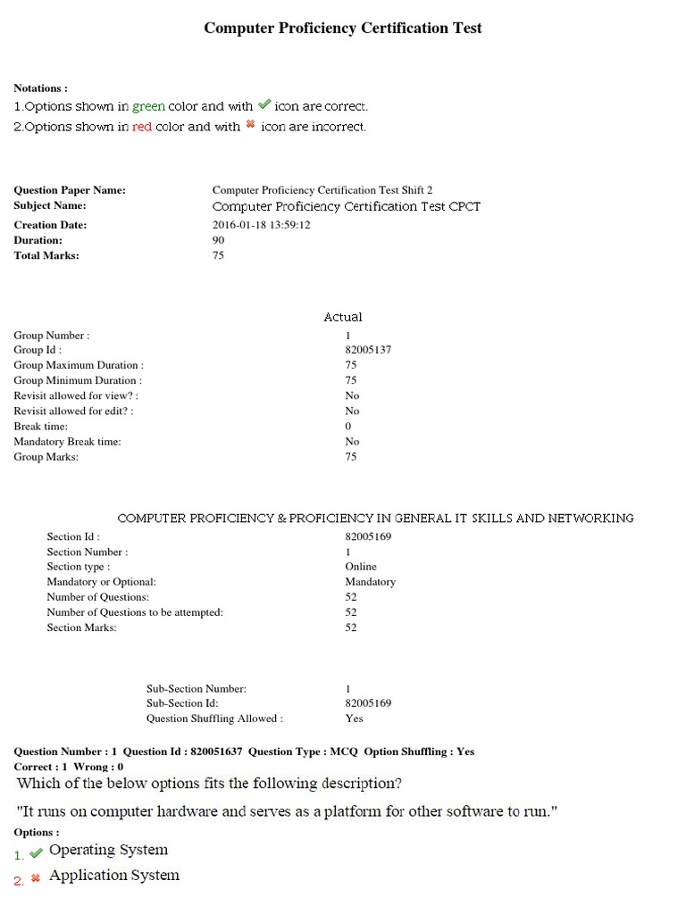 Computer Proficiency Certification Test: Notations | PDF | Multiple ...