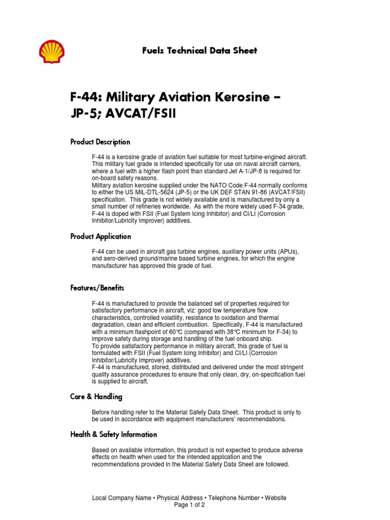 Military Aviation Fuel F-44 Technical Data Sheet | PDF | Jet Fuel ...