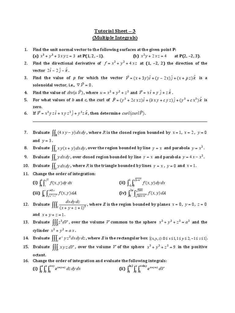 Tutorial Sheet - 3 (Multiple Integrals) | PDF | Integral | Sine