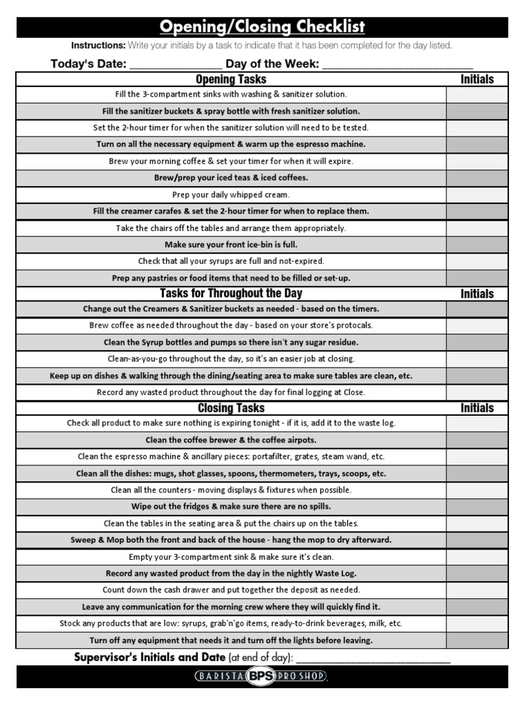 Opening&ClosingChecklist NewCafeGuide Document | PDF | Drink | Food And ...