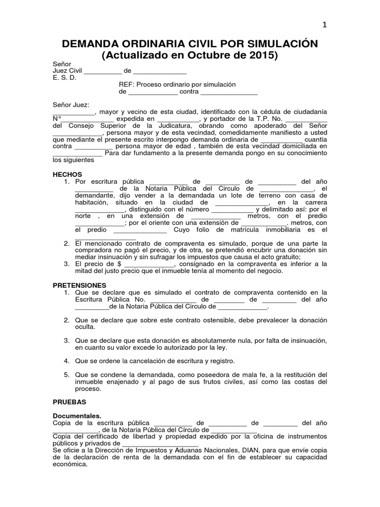 Demanda Ordinaria Civil Por Simulación | Demanda judicial | Gobierno
