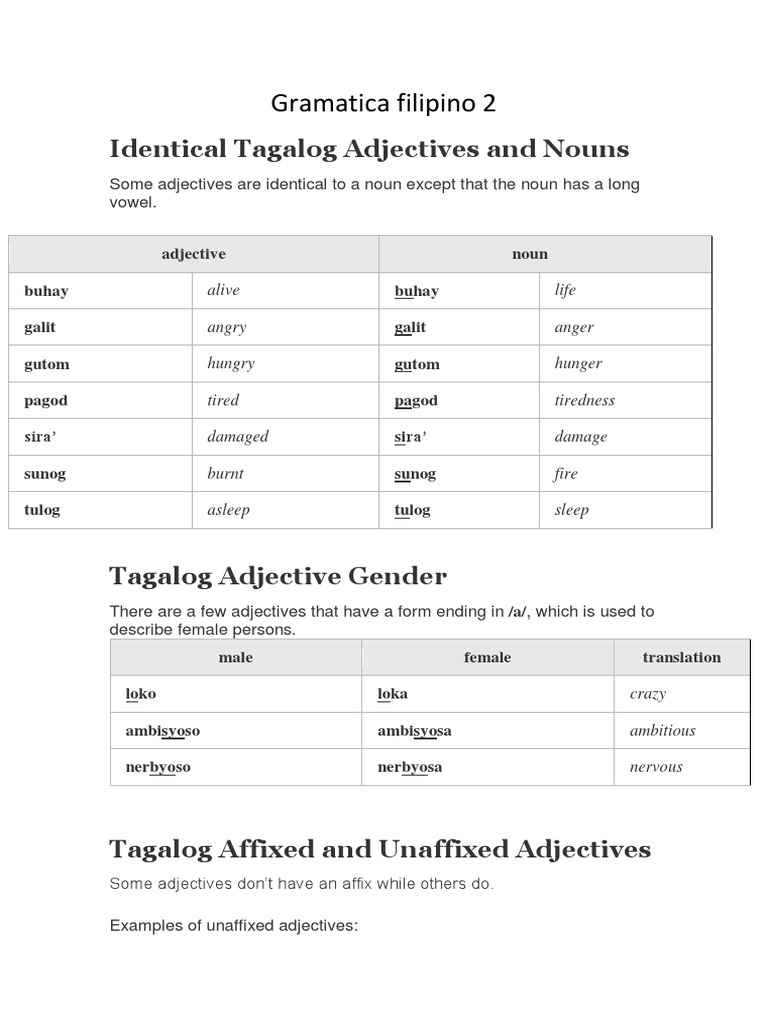Tagalog Adjective Forms and Usage Guide | PDF | Tagalog Language | Manila