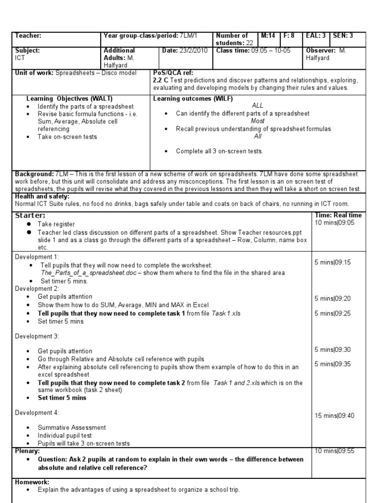 Example Lesson Plan | PDF | Spreadsheet | Microsoft Excel