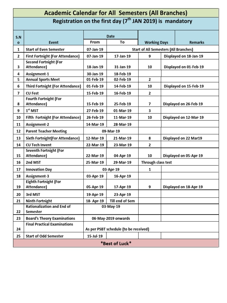 Academic Calendar For All Semesters (All Branches) : Registration On ...