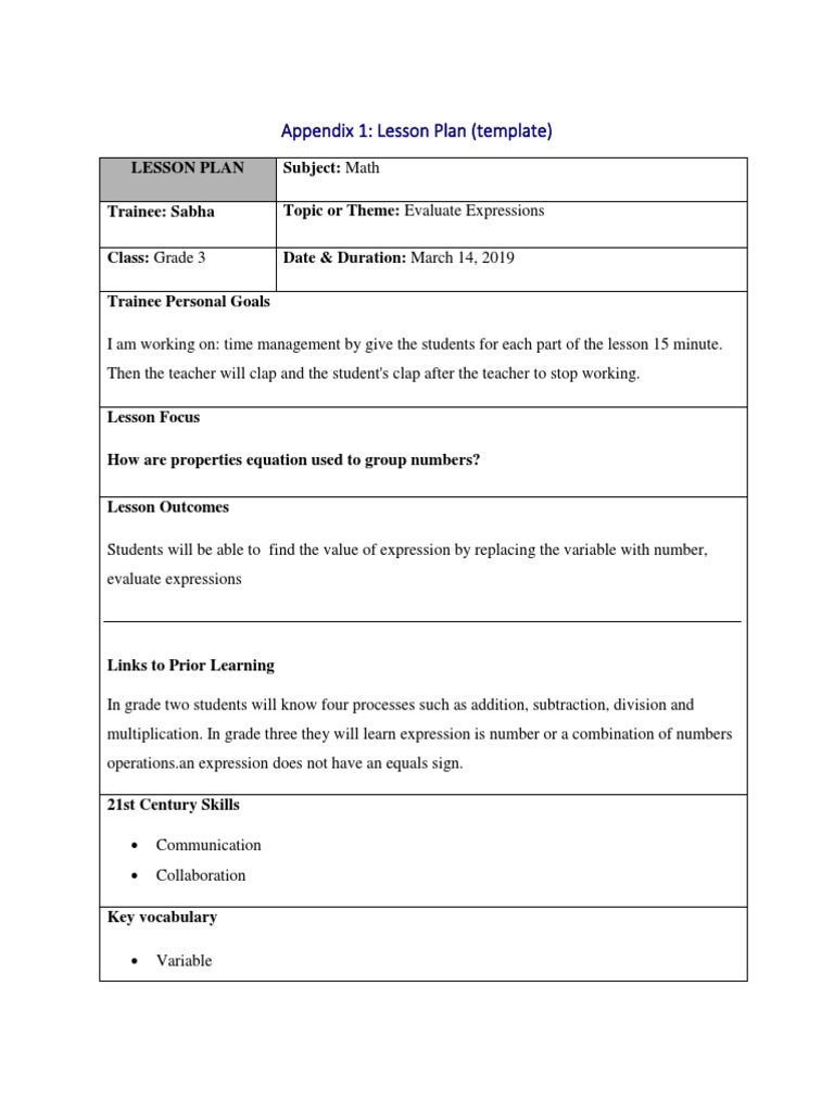 New Lesson Plan Evaluate Expressions - March 14, 2019 | PDF | Lesson ...