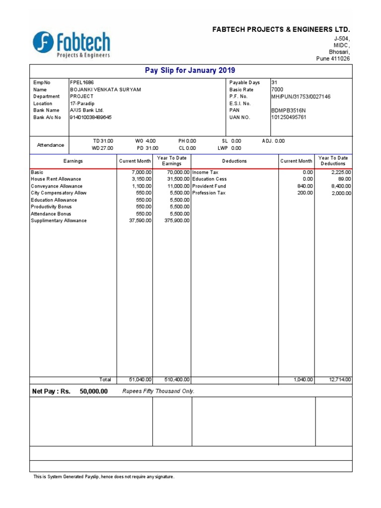 Fabtech Projects Salary Slip January 2019 | PDF | Personal Finance | Taxes