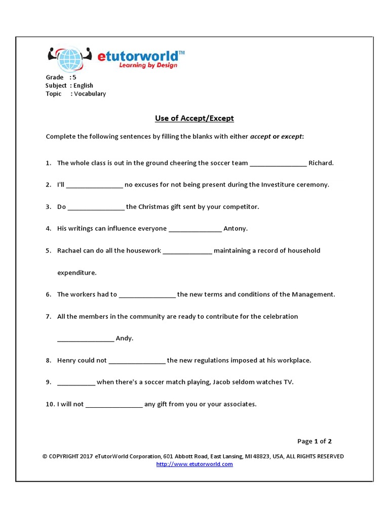 Use of Accept/Except: Grade: 5 Subject: English Topic: Vocabulary | PDF