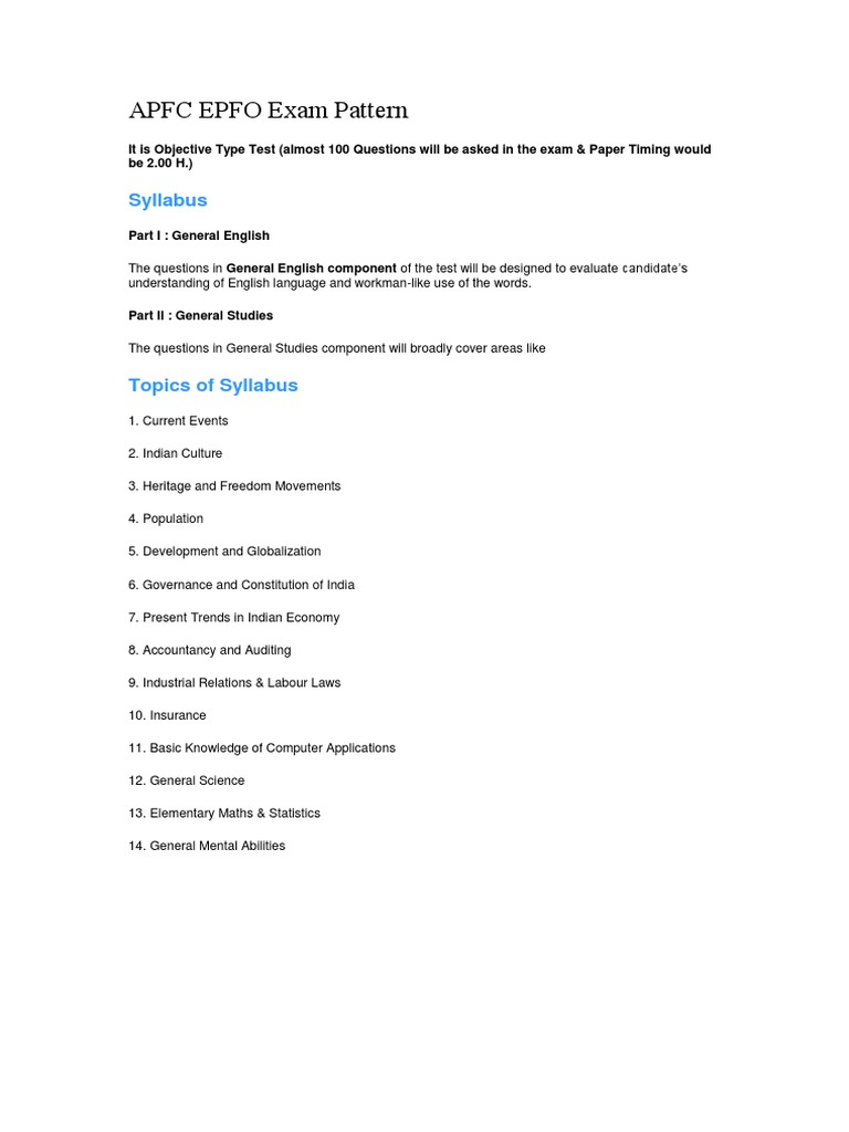 APFC EPFO Exam Pattern | PDF