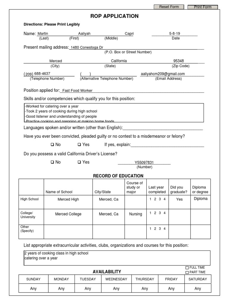 Kami Export - Rop Job Application With Availability - Fillable For ...