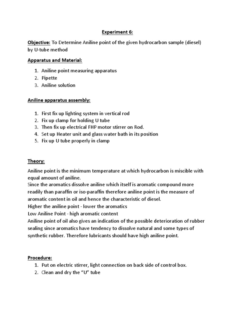 Experiment 6: Objective: To Determine Aniline Point of The Given ...