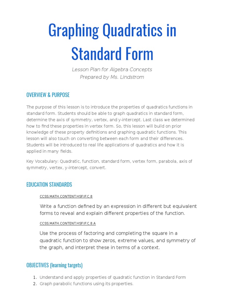 Graphing Quadratics in Standard Form | PDF | Algebra | Teaching Mathematics