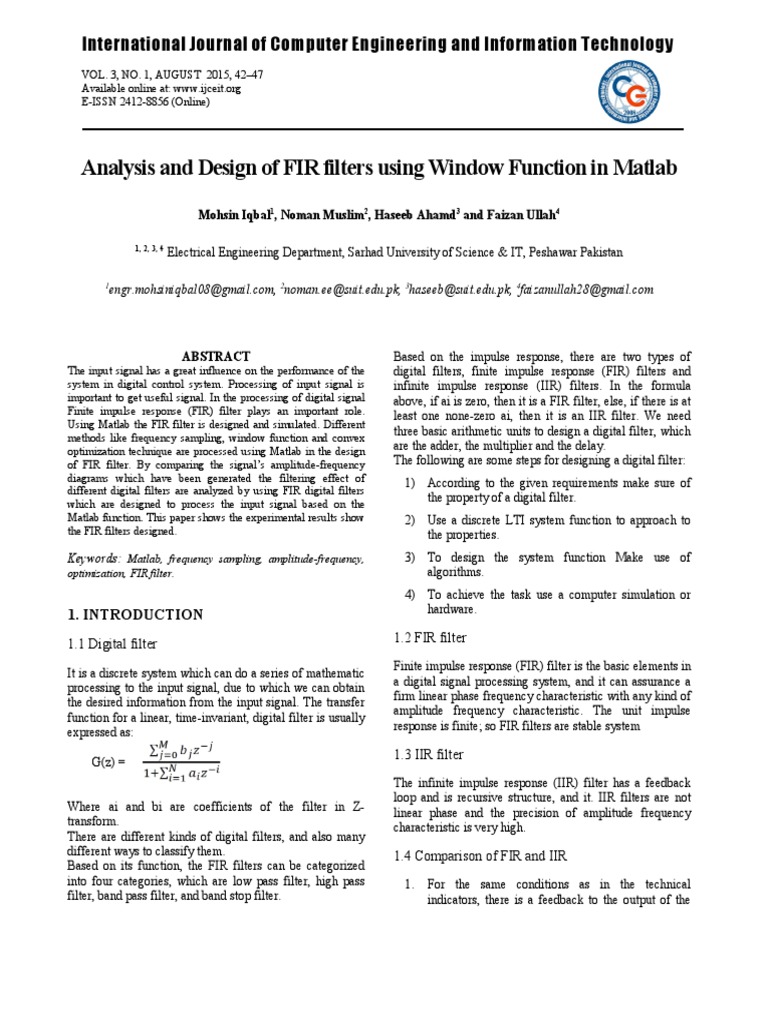 Analysis and Design of FIR Filters Using Window Function in Matlab ...