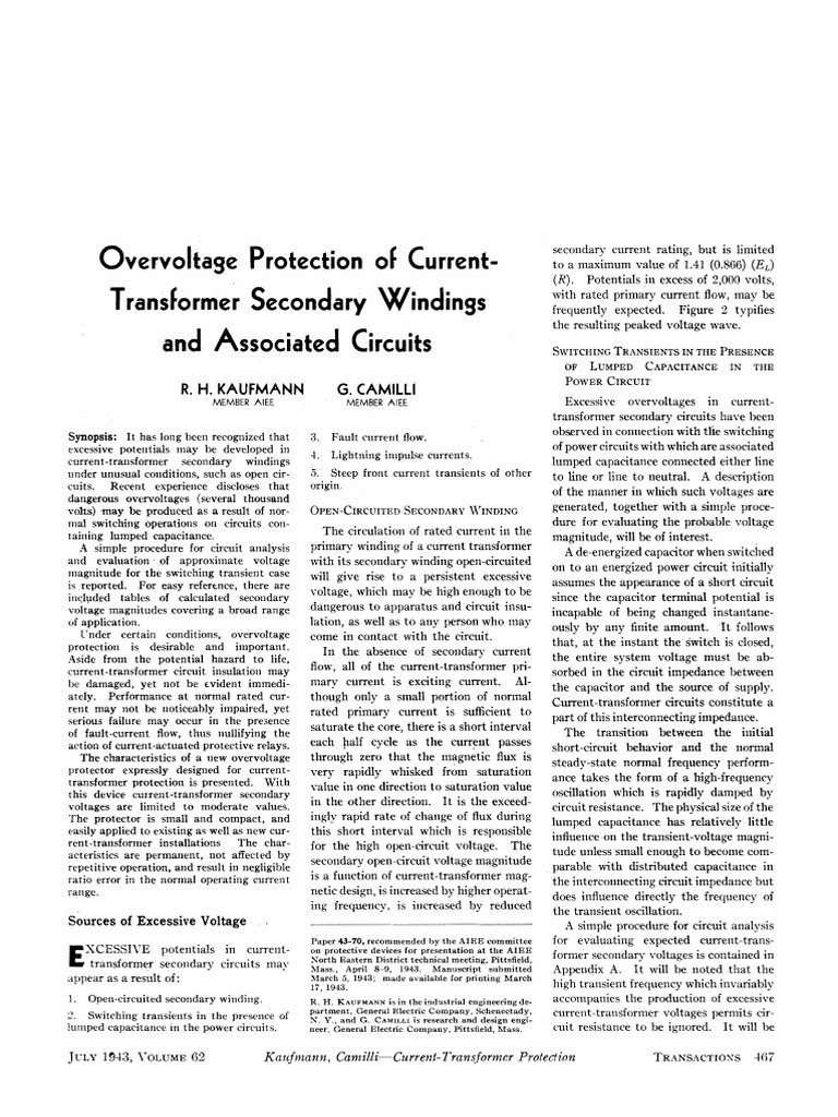 1943 - Overvoltage Protection of Current-Transformer Secondary Windings ...