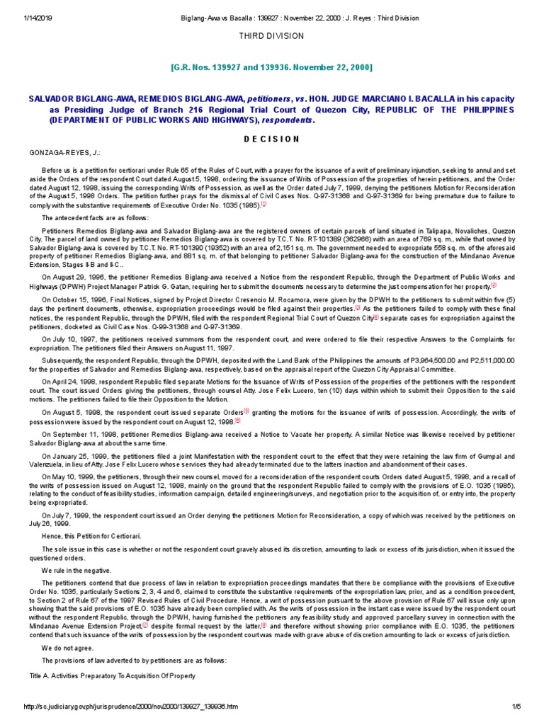 Biglang-Awa Vs Bacalla - 139927 - November 22, 2000 - J. Reyes - Third Division | PDF | Eminent ...