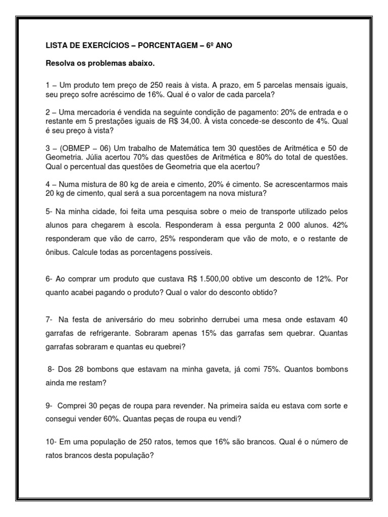 Exercícios de Porcentagem 6º Ano | PDF