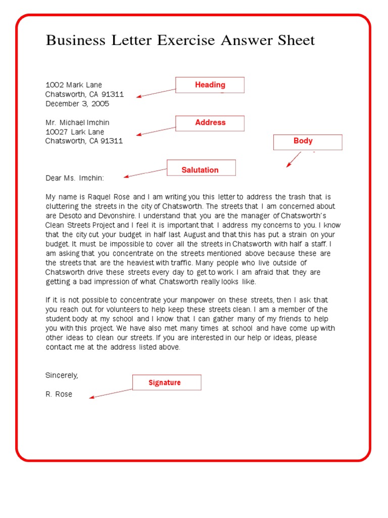 Business Letter Exercise Answer Sheet: Heading | PDF