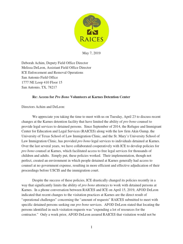 Raices Letter to ICE | U.S. Immigration And Customs Enforcement ...