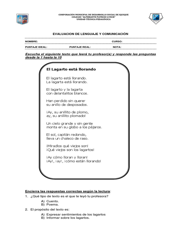 Evaluación de "El Lagarto Está Llorando" | PDF