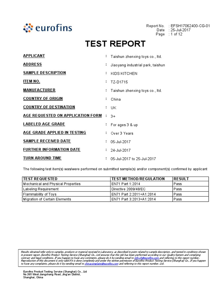 Eurofins EN71 Test Report for Toys | PDF | Chromium | Selenium