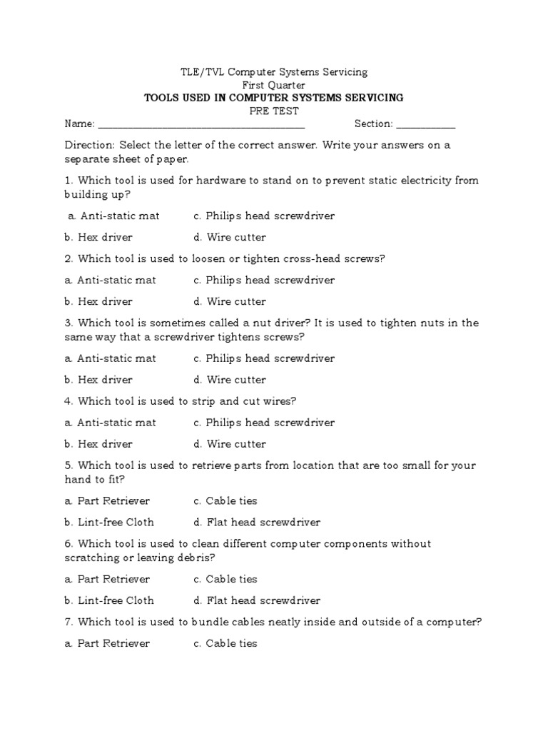 TLE/TVL Computer Systems Servicing First Quarter Pre Test Name ...