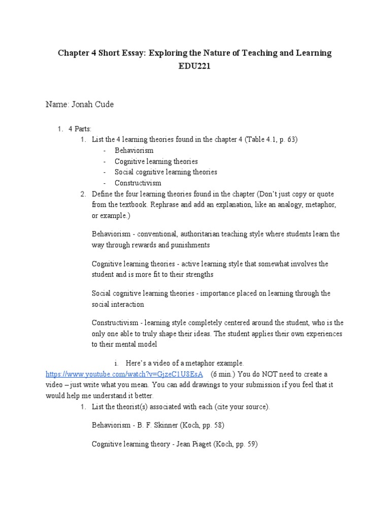 Chapter 4 Short Essay Exploring The Nature of Teaching and Learning | PDF | Behaviorism ...