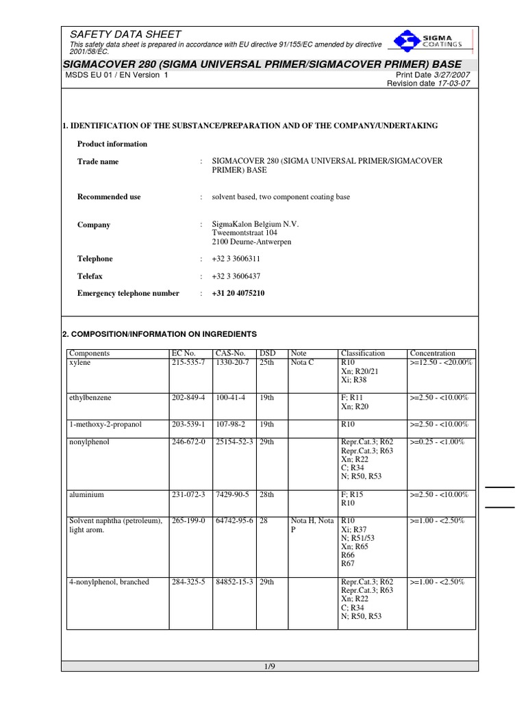 Msds SIGMACOVER 280 (SIGMA UNIVERSAL PRIMER-SIGMACOVER PRIMER) BASE ...