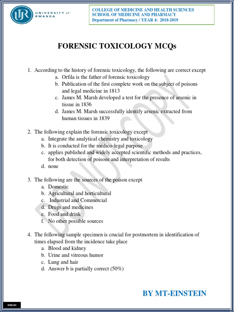 Forensic Toxicology MCQs and Answers | PDF | Drug Test | Substance Abuse