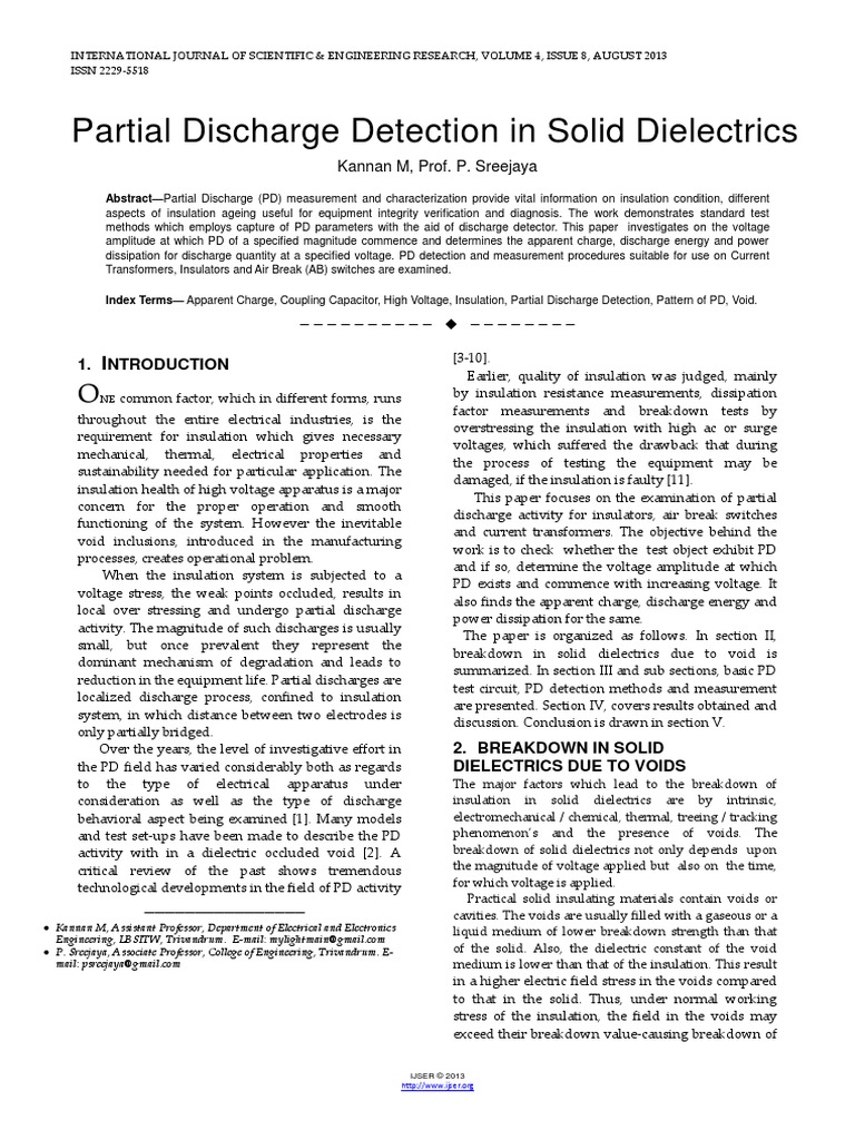 Partial Discharge Detection in Solid Dielectrics | PDF | Capacitor | Insulator (Electricity)