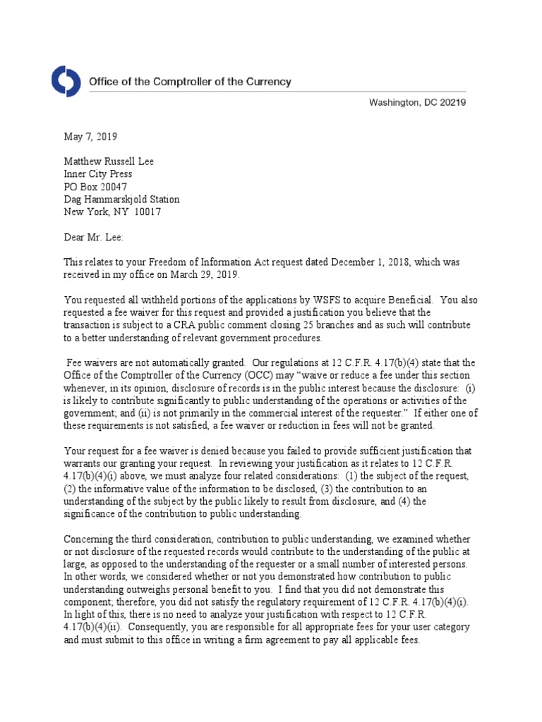 FOIA Fee Waiver Denied by OCC Otting To Inner City Press For WSFS Bank ...