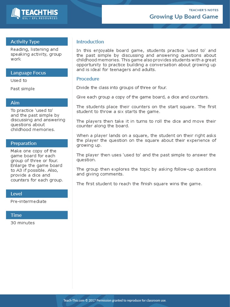 Growing Up Board Game PDF | PDF | English As A Second Or Foreign ...