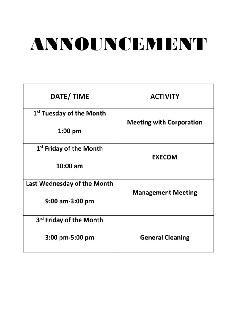 Monthly Corporate Schedule | PDF