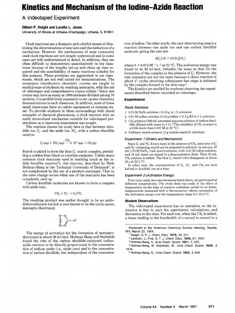 Haight, Jones 1987 Kinetics and Mechanism of The Iodine-Azide Reaction ...