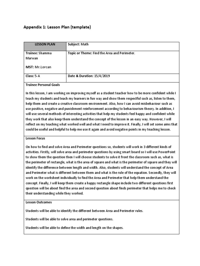 Appendix 1: Lesson Plan (Template) : MST: MR - Lorcan | PDF | Lesson ...