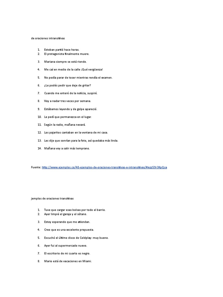 Ejemplos de Oraciones Intransitivas y Transitivas | PDF | Romanticismo ...