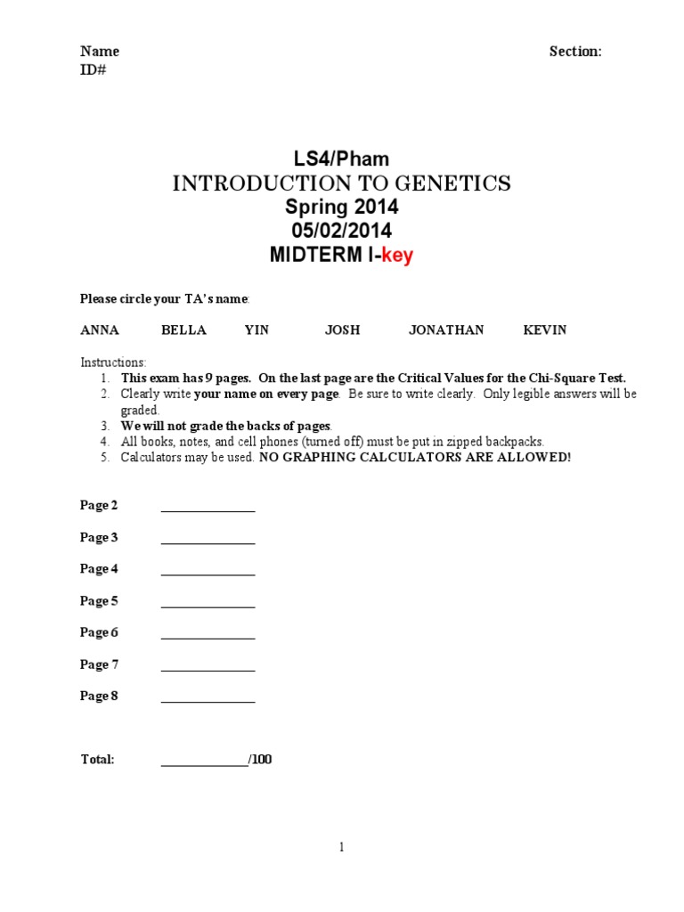 UCLA Genetics LS4 - Midterm 1 Spr14 Key | PDF | Dominance (Genetics ...