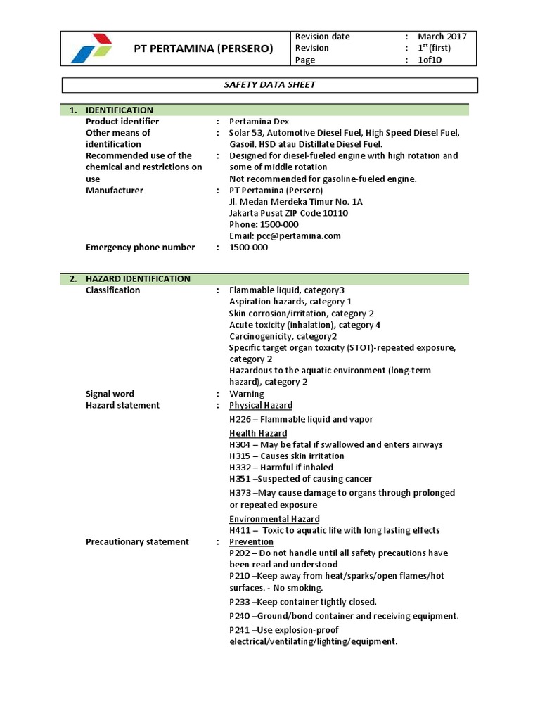 8 Sds Pertamina Dex Eng | PDF | Dangerous Goods | Fires