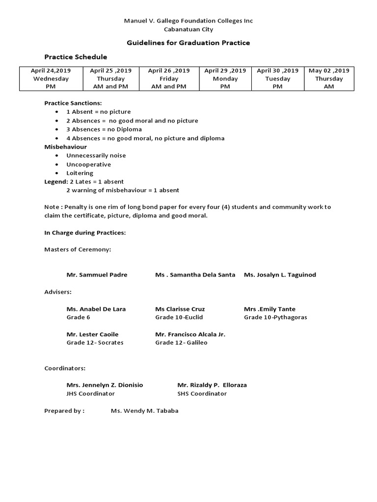 Guidelines For Graduation Practice Practice Schedule | PDF