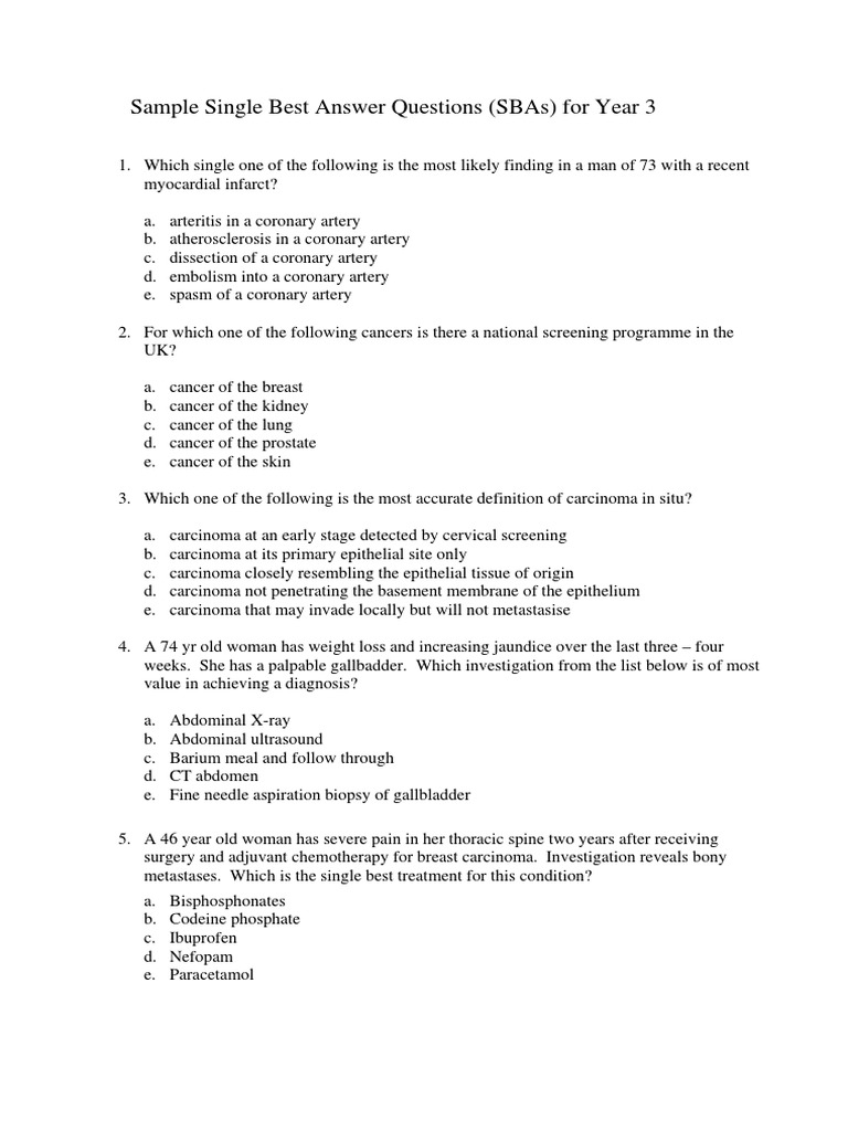 Sample Single Best Answer Questions (Sbas) For Year 3 | PDF | Carcinoma ...