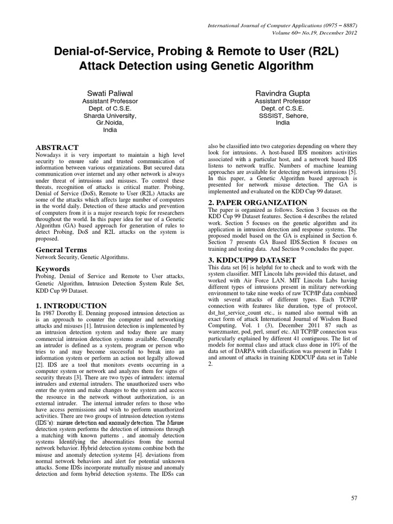 Denial-of-Service, Probing & Remote To User (R2L) Attack Detection Using Genetic Algorithm | PDF ...