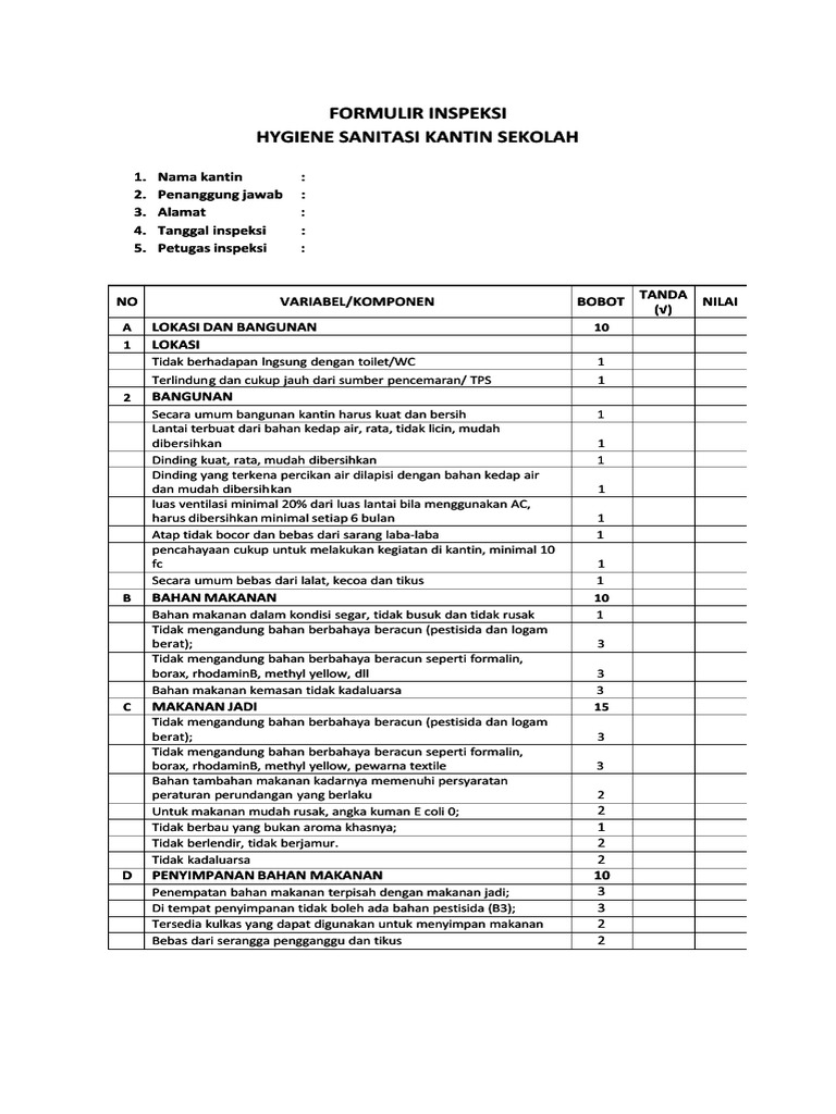 Formulir Inspeksi Hygiene Sanitasi Kantin Sekolah | PDF