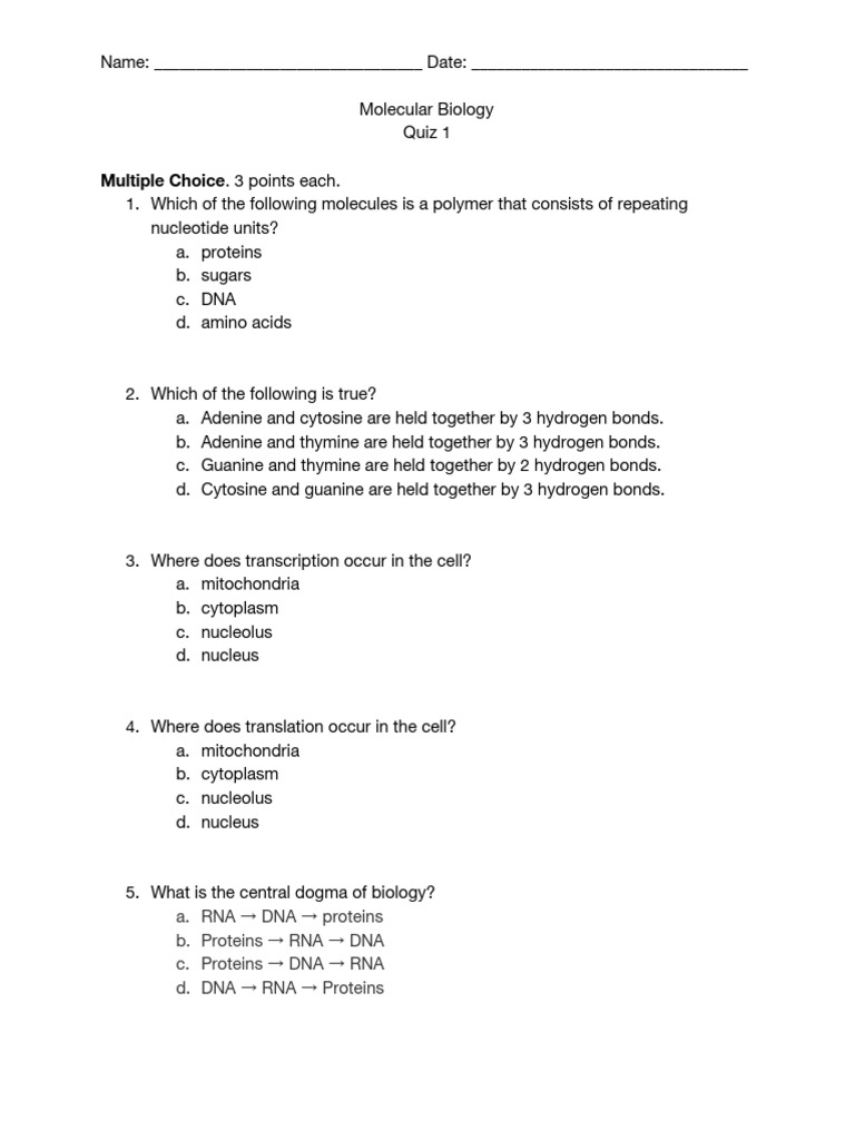 Molecular Bio Quiz 1 04.01.2019 | PDF | Mitosis | Rna