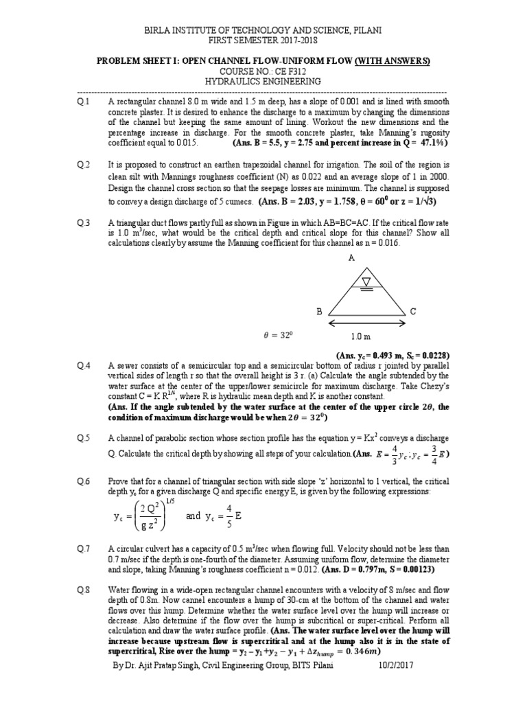 Uniform Open Channel Flow Problems 2017 18 PDF | Download Free PDF ...